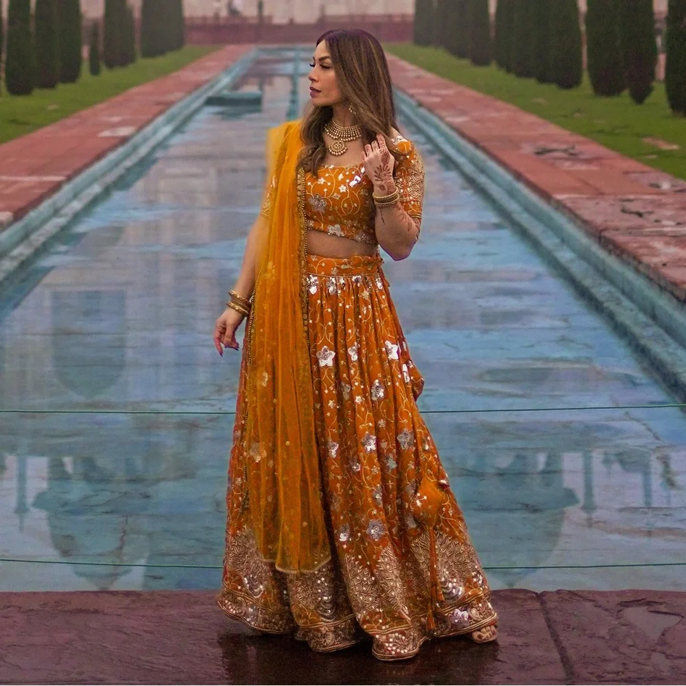 Dresses | Mustard Gold Embroidered Lehenga Set Indian Wedding Guest ...
